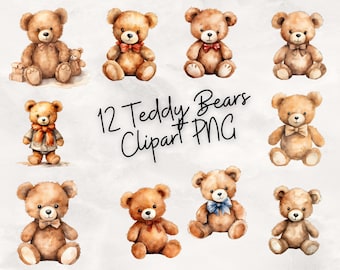 12 Teddy Bear Clipart, High Quality Pngs, Digital Planner, Paper Crafts, Watercolor, Teddy Bear ...
