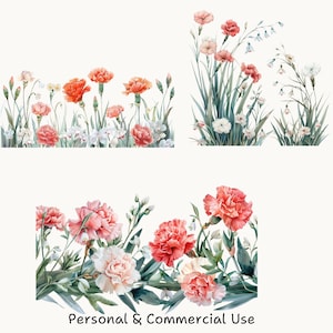 Watercolor Carnation Floral Border Invitation Card Set, January ...
