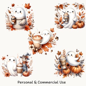 Watercolor Halloween Clipart – Cute Ghost Fall Coffee Images, Autumn ...
