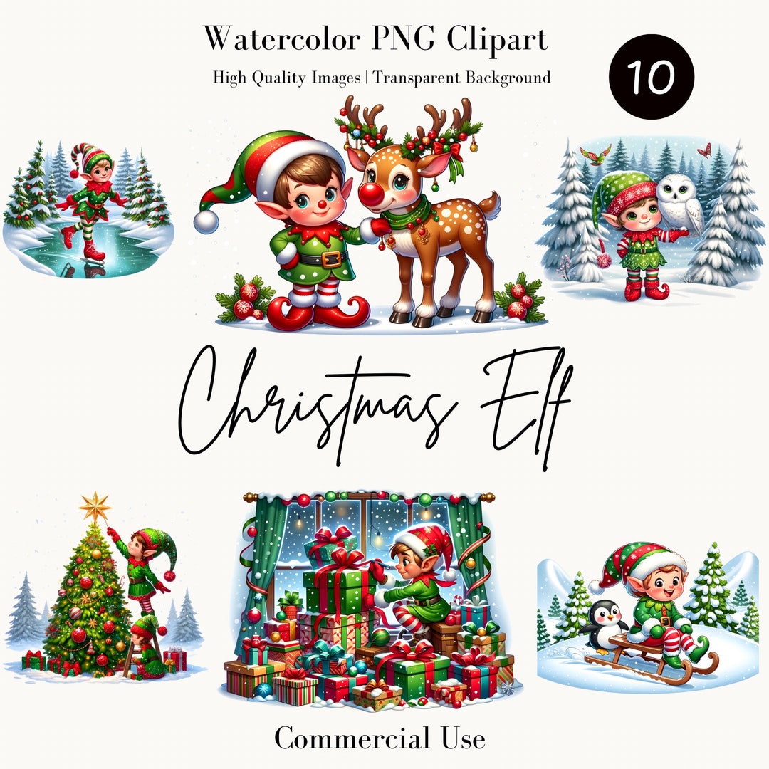 Christmas Elf PNG Clipart Set – Watercolor Digital Images, Holiday ...