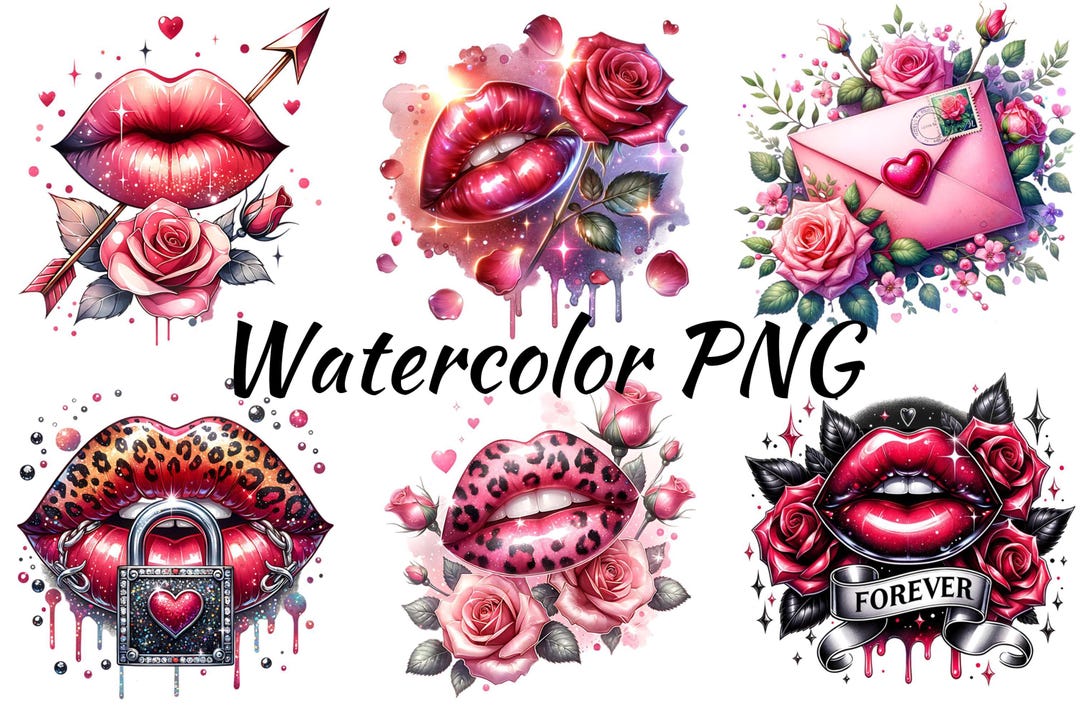 Watercolor Pink Valentine Lips Collection Clipart, PNG Valentines ...