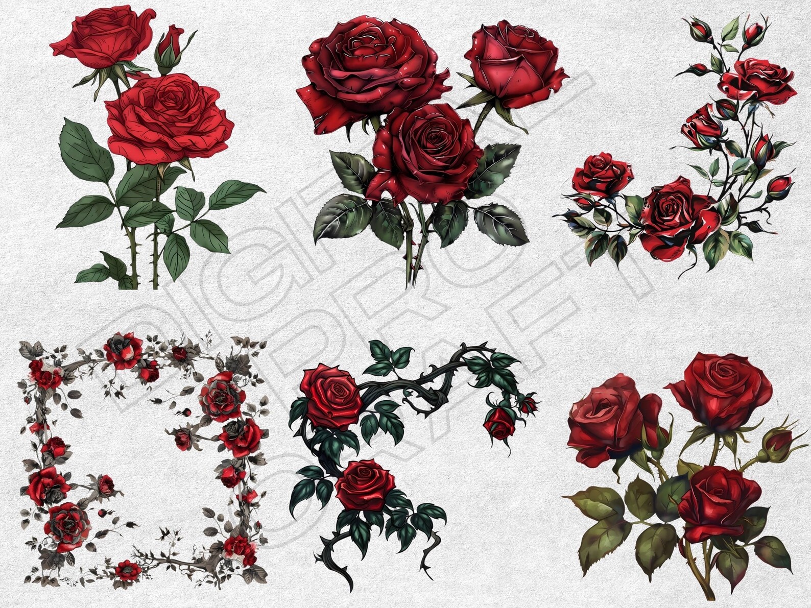 Gothic Red Roses Digital Clipart Bundle, Vintage Floral PNG ...