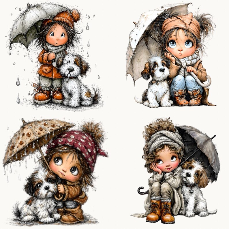 Rainy Girl Clipart, Umbrella Child Illustration, Watercolor Puppy ...