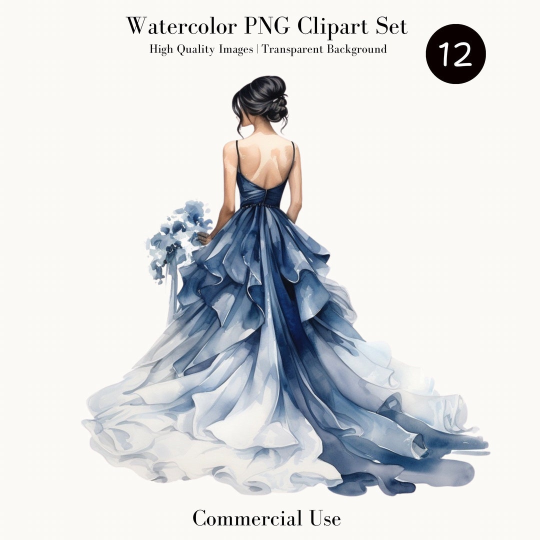 Elegant Navy Blue Watercolor Bride Dress Clipart, PNG Wedding Gown ...