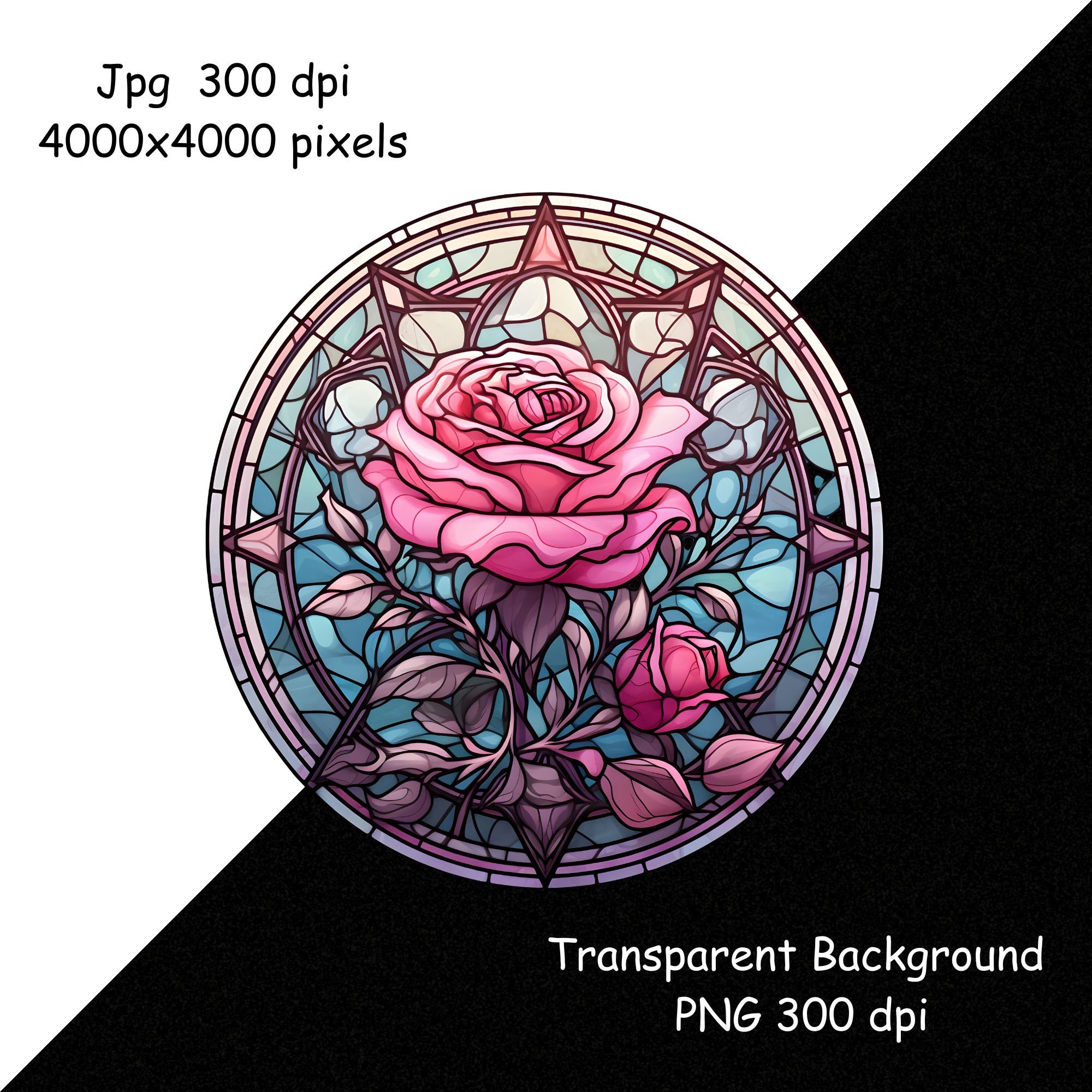 Watercolor Pink Rose Stained Glass Window Clipart Rose PNG-JPG - Etsy