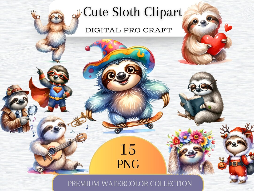 Cute Sloth Clipart | Clipart Bundle | 15 PNG High-quality Images ...