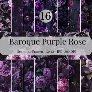 Baroque Purple Rose Digital Paper Set of 16 , Seamless Dark Floral ...