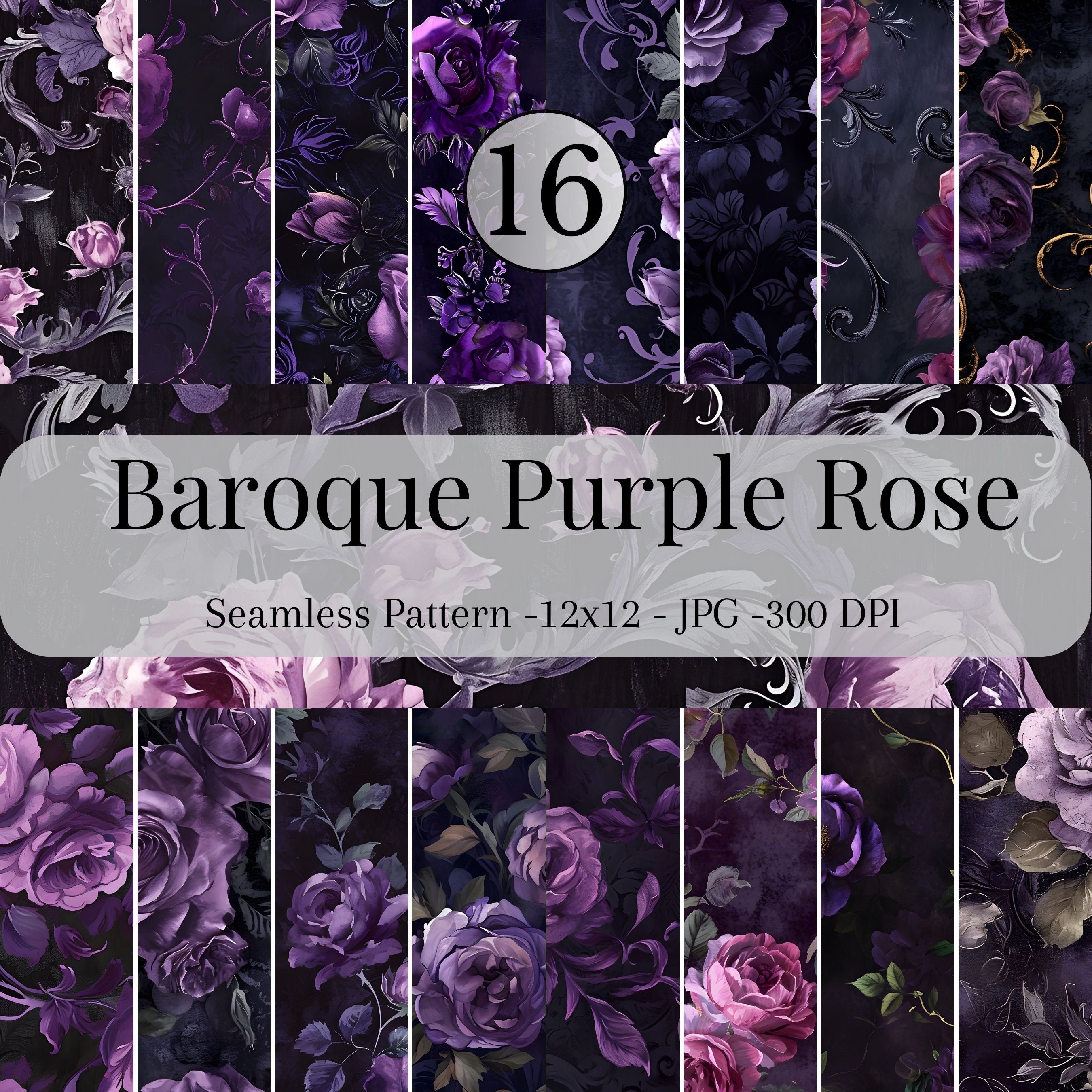 Baroque Purple Rose Digital Paper Set of 16 , Seamless Dark Floral ...