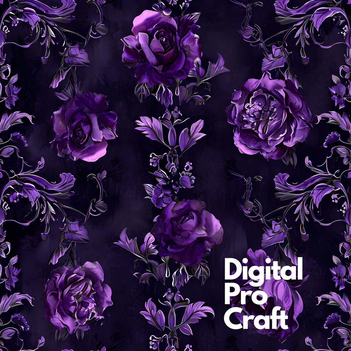 Baroque Purple Rose Digital Paper Set of 16 , Seamless Dark Floral ...