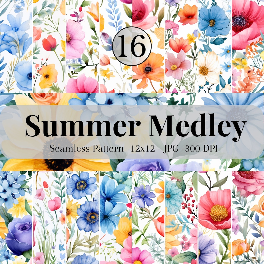 Summer Floral Medley Digital Paper - Watercolor Flower Backgrounds - 16 ...