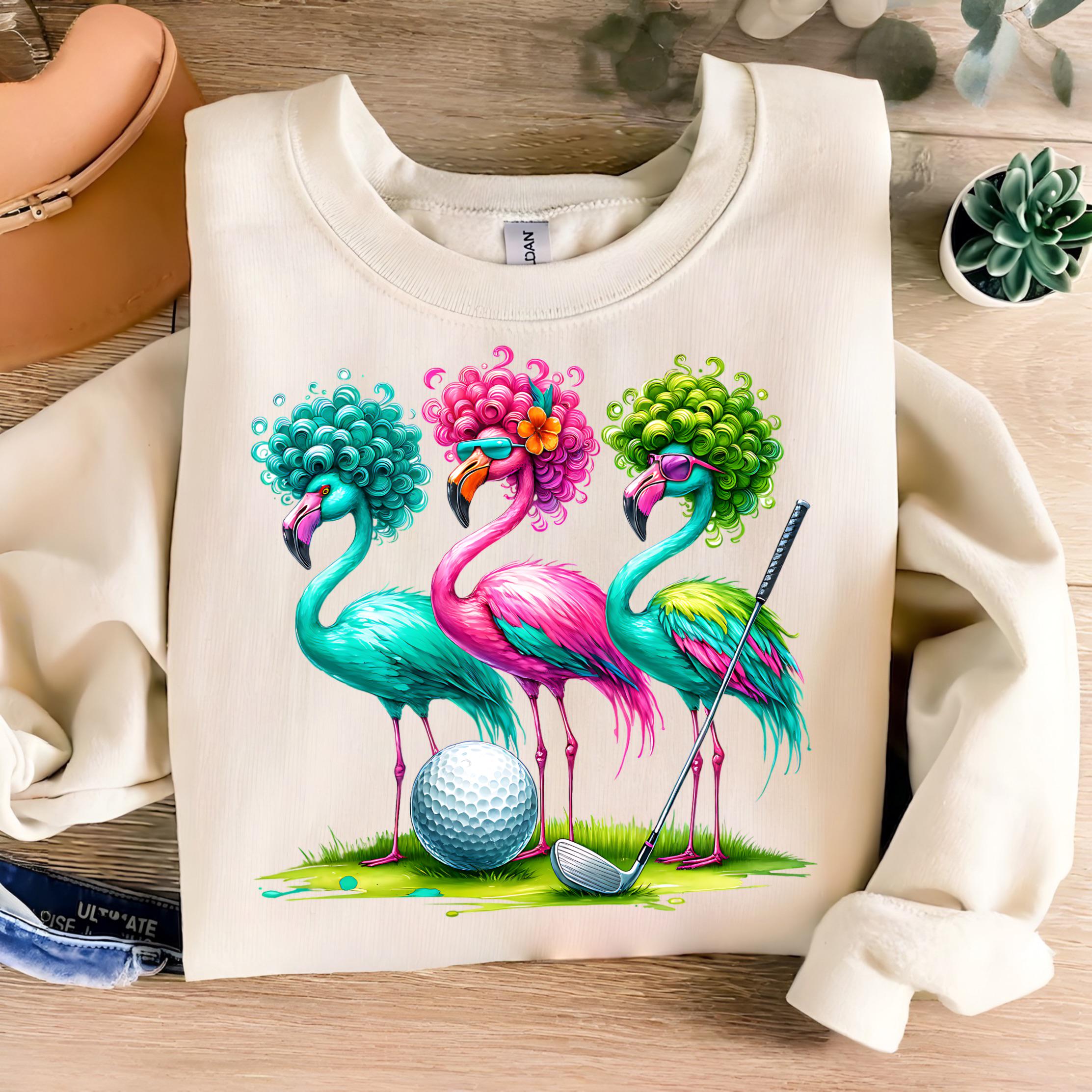 Golf Flamingo PNG, Cute Flamingo PNG Sublimation, Three Crazy Flamingos ...