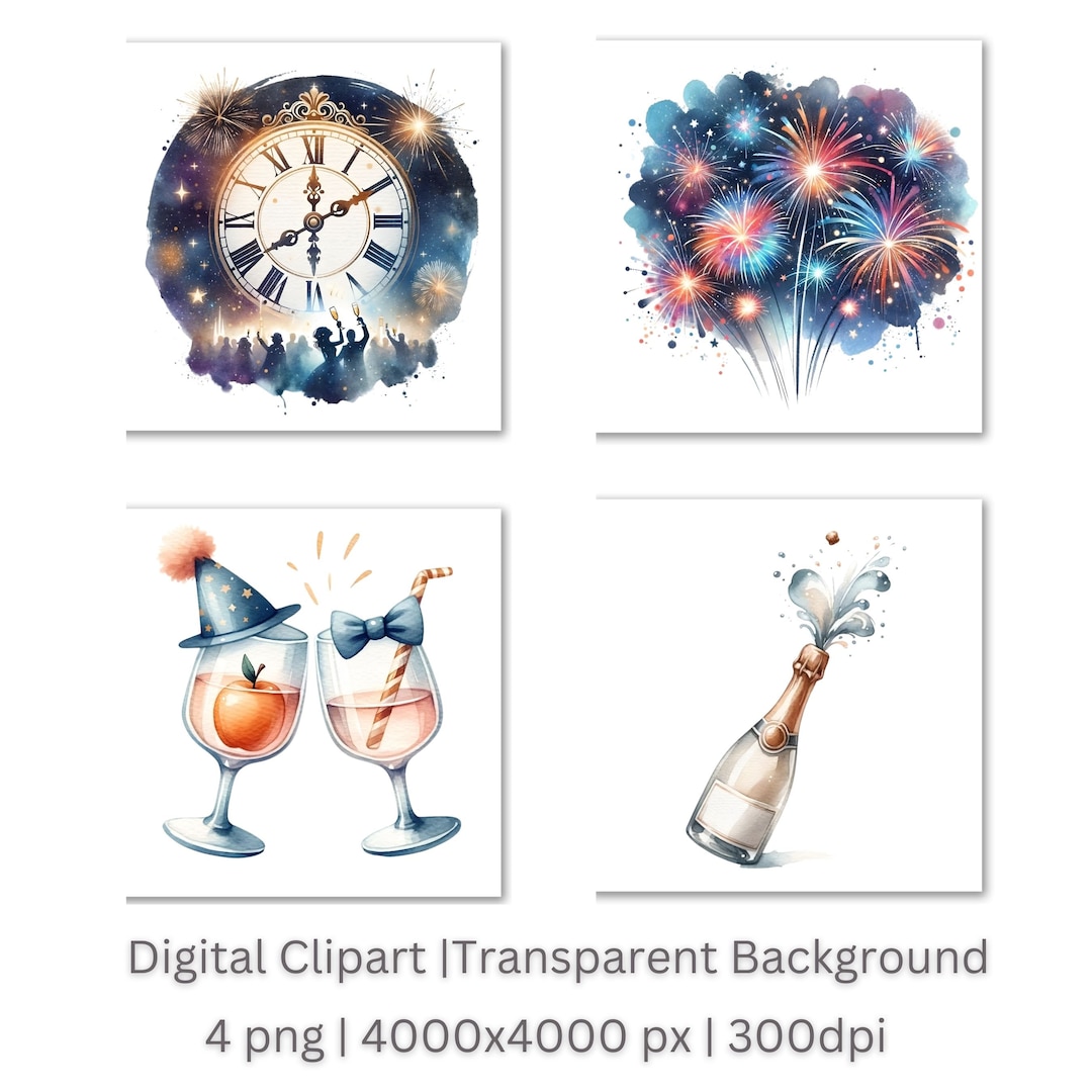 New Year's Time Watercolor Clipart Bundle -PNG Festive Images for ...