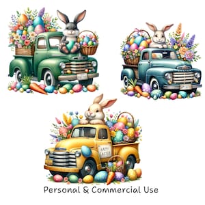 Easter Bunny Truck Digital Clipart, Vintage Pickup, Easter Eggs, Spring ...