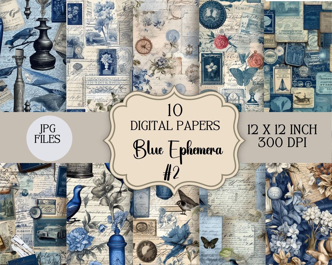 Old Paper Textures in Blue-vintage Ephemera Digital Paper 10-pack ...