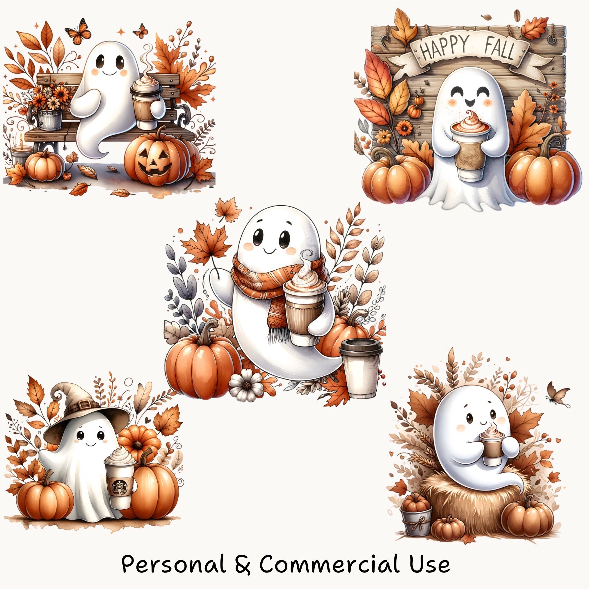Watercolor Halloween Clipart – Cute Ghost Fall Coffee Images, Autumn ...