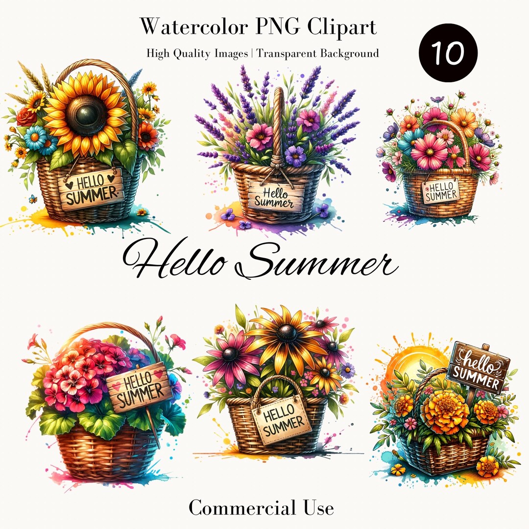 Summer Flowers Basket Clipart Bundle, Watercolor Flowers Clipart ...