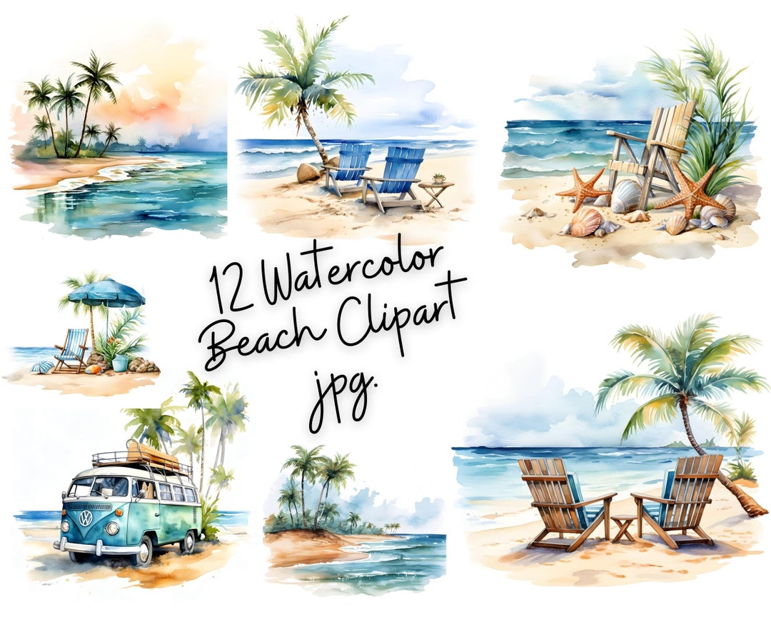 12 Beach Scenes, Watercolor Beach Clipart, Digital Beach Art ...