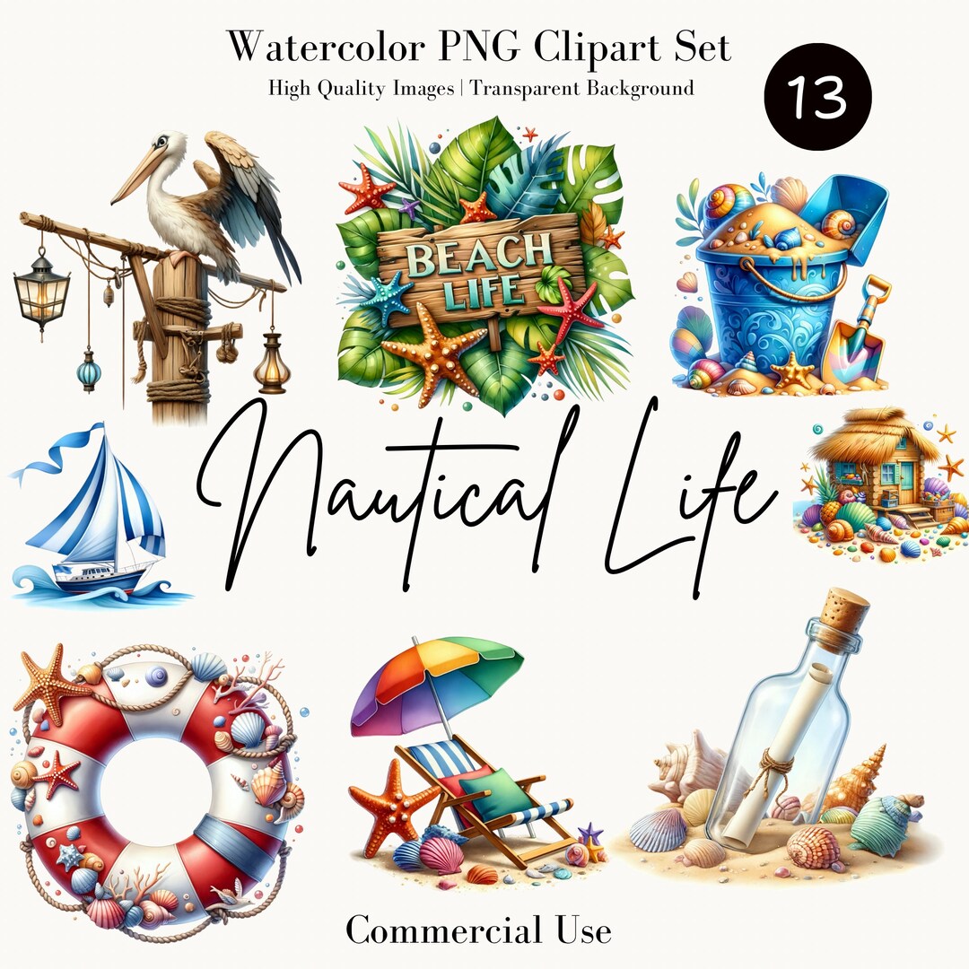 Watercolor Nautical Collection Clipart: Beach, Ocean, Travel Themes ...