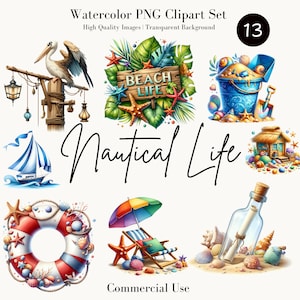 Watercolor Nautical Collection Clipart: Beach, Ocean, Travel Themes ...