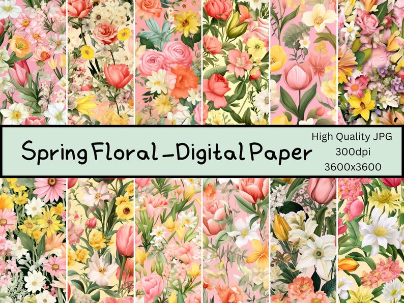 Spring Floral Medley Digital Paper Watercolor Flower - Etsy