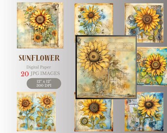 Sunflower Vintage Backgrounds Digital, Sunflower Square Papers, Floral ...