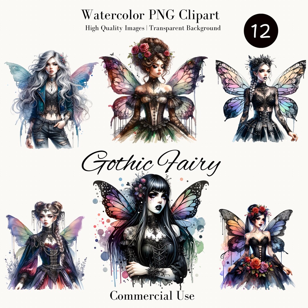 Gothic Fairy Watercolor Clipart, PNG Files With Fantasy Butterfly Wings ...