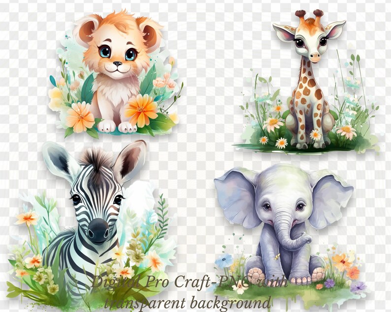 12 Safari Baby Animals Watercolor Clipart PNG digital - Etsy