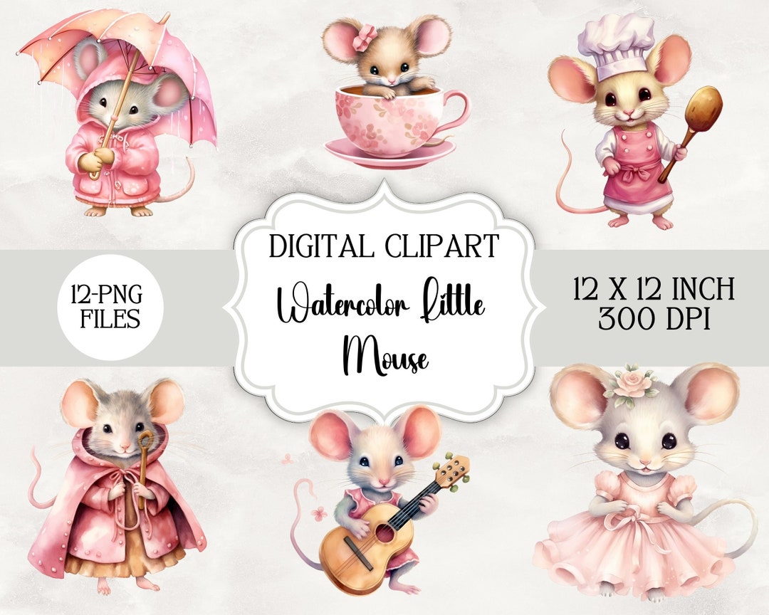 Watercolor Little Pink Mouse Clipart Fairytale Mice 12 PNG - Etsy
