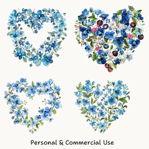 16 Blue Floral Heart Clipart, Cherry & Forget Me Not Pngs, Watercolor ...