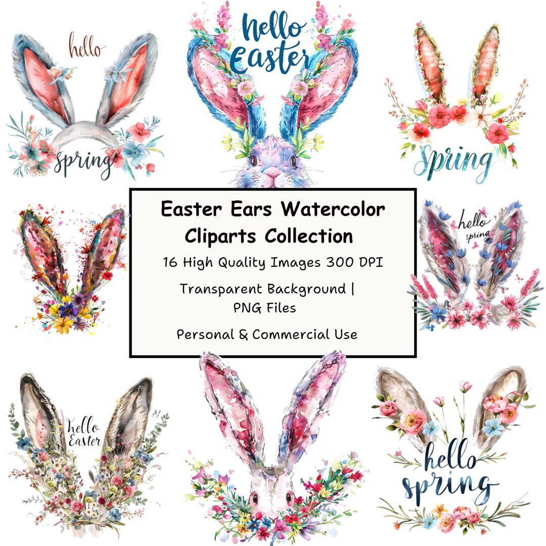 Spring Easter Bunny Ears Clipart, Watercolor Rabbit Graphics, Floral ...