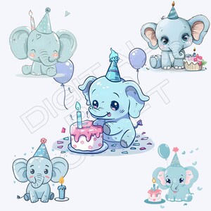 Chibi Elephant Birthday Clipart Bundle, Cute Elephant Digital Art,party ...