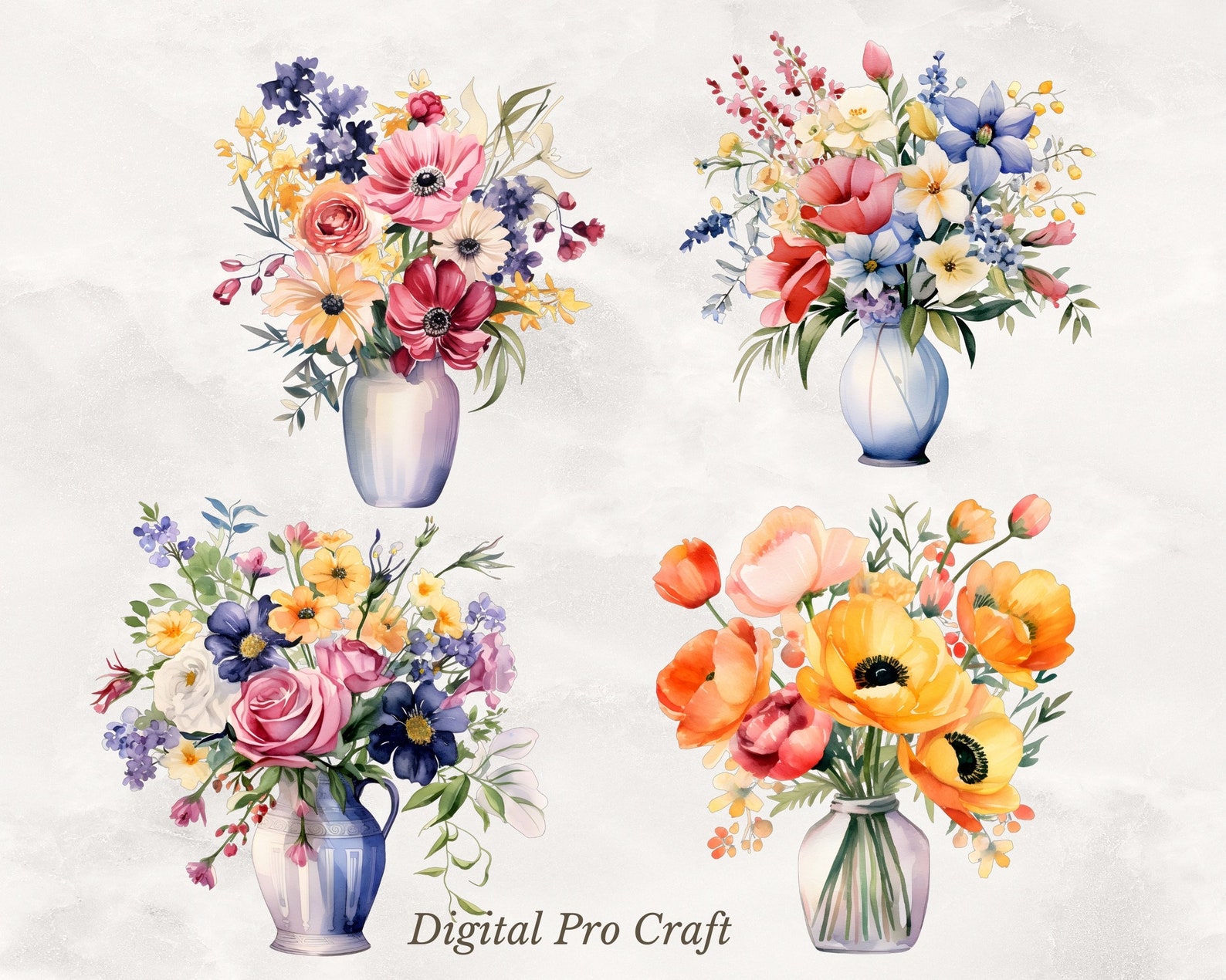 12 Vase of Flowers Clipart - High Quality PNG - Digital Download - Card ...