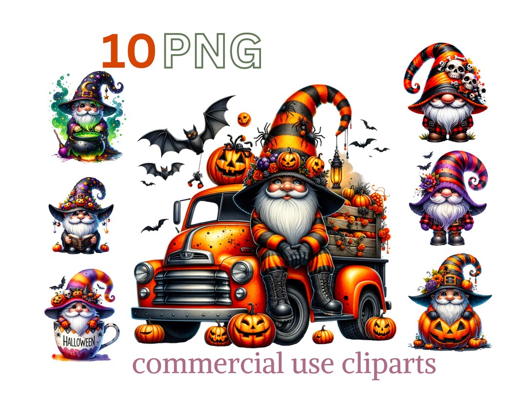 Halloween Gnome Clipart Set, Watercolor Fall Gnomes PNG, Cute Spooky ...