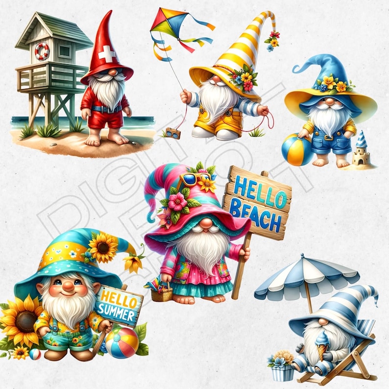 Summer Gnome Clipart Bundle, Beach Garden Gnomes, Surfing Gnomes ...