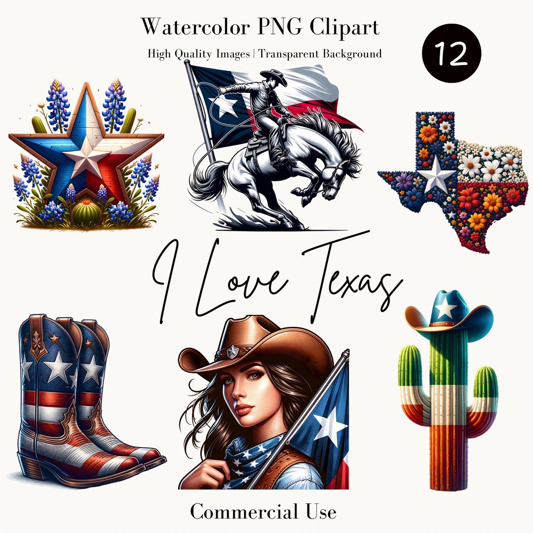 Texas Watercolor PNG Clipart Bundle – I Love Texas Digital Images, High ...
