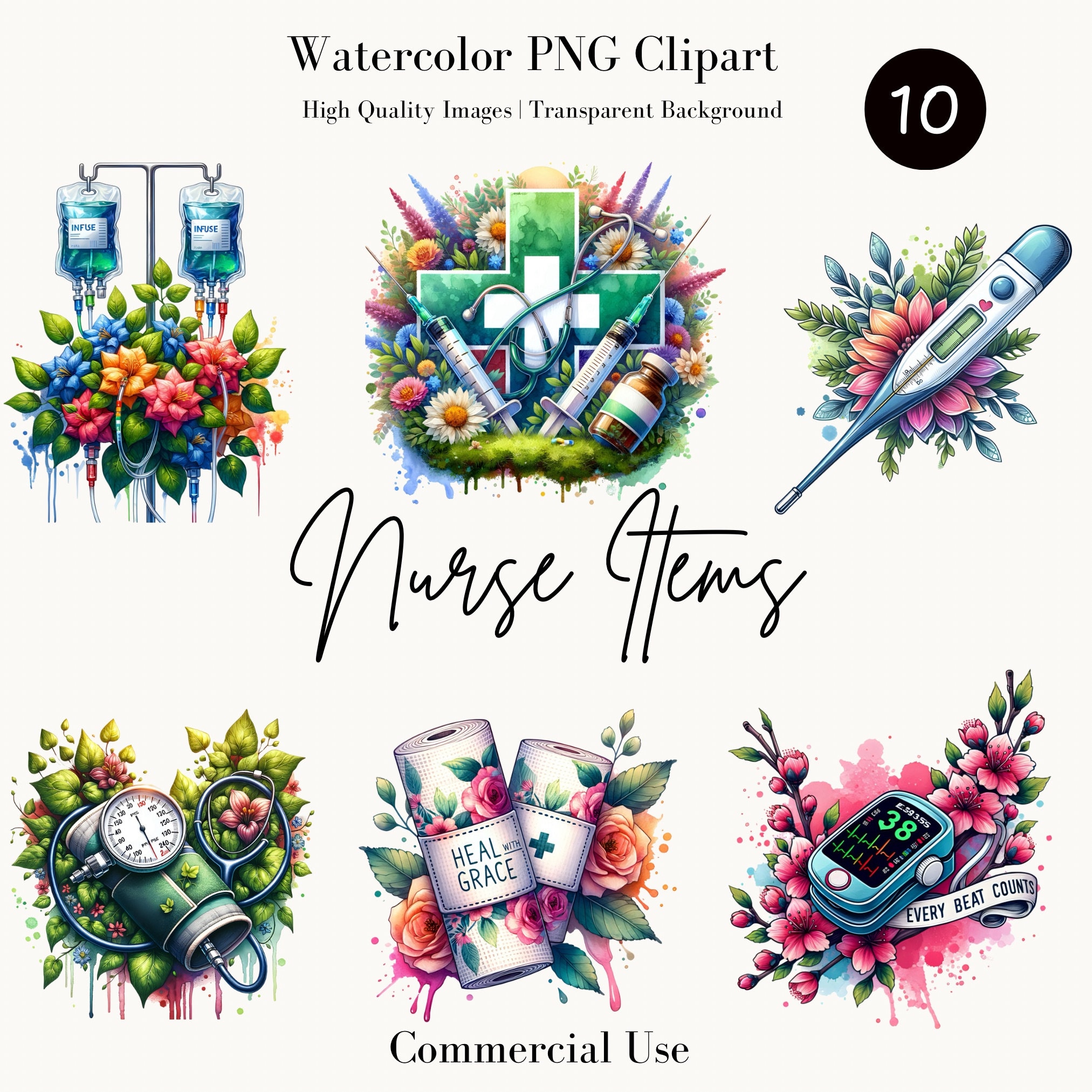 Watercolor Nurse Items PNG Clipart Bundle – 10 High Quality Images ...