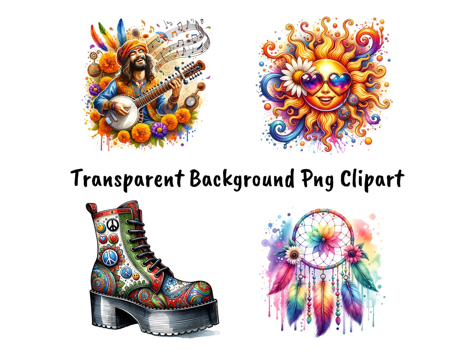 Hippie Era Clipart Bundle, 70s Retro Pngs, Boho Peace Sign, Rainbow ...