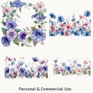 Watercolor Aster and Morning Glory Border, Floral Invitation Clipart ...