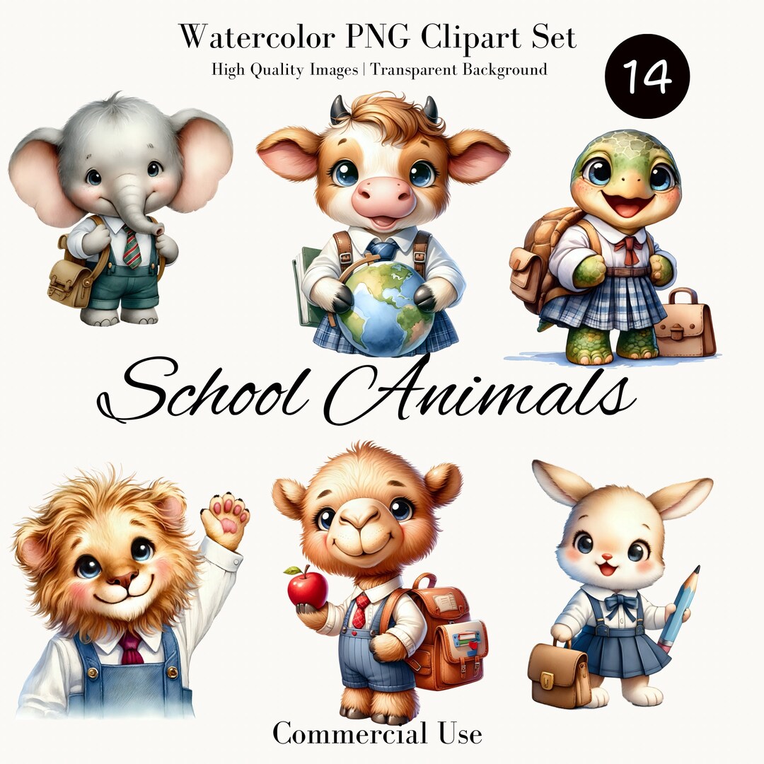 Watercolor School Animals Clipart Set, Digital PNG Files, Nursery ...