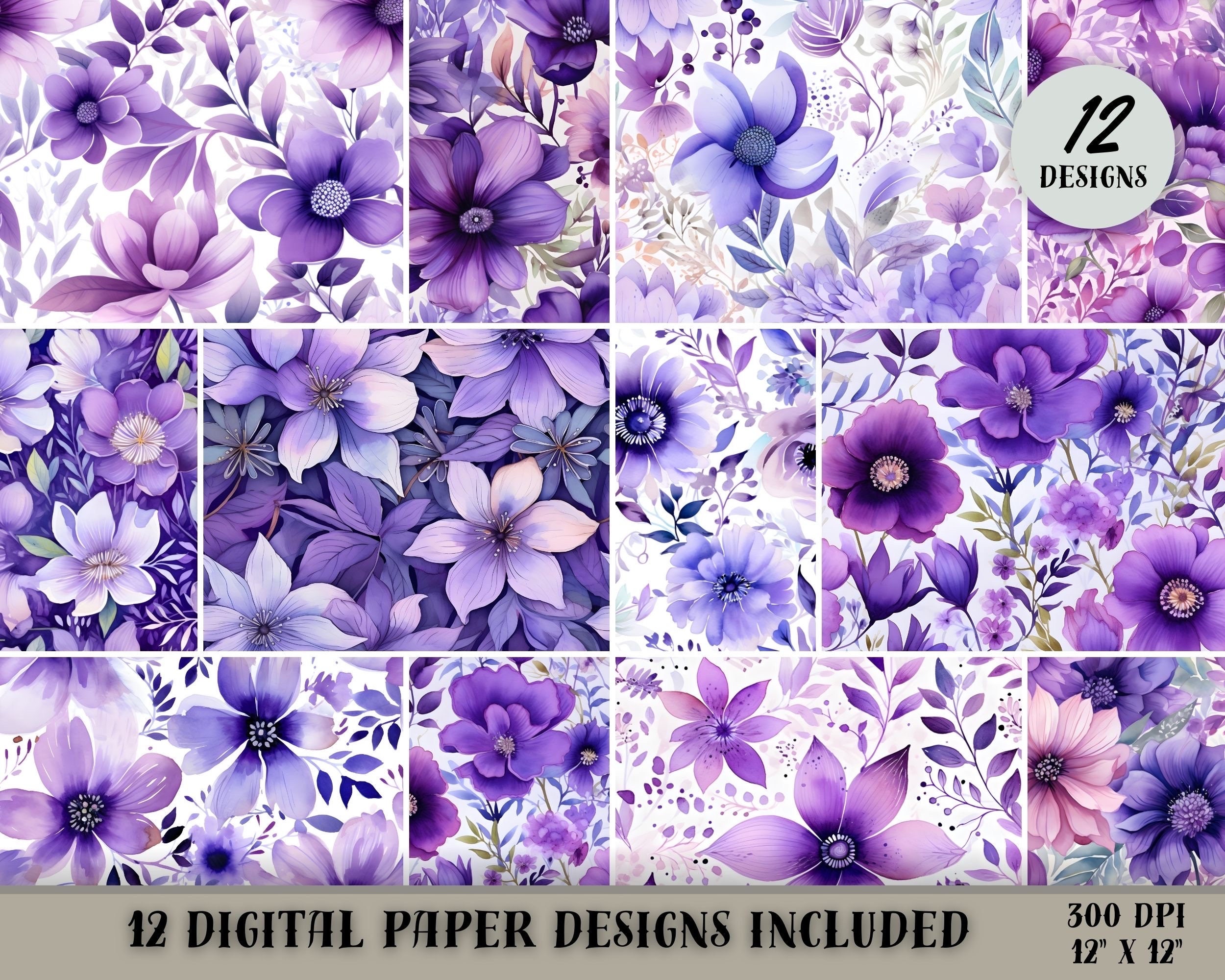 Purple Floral Digital Paper - SEAMLESS - Purple Watercolor Flower ...