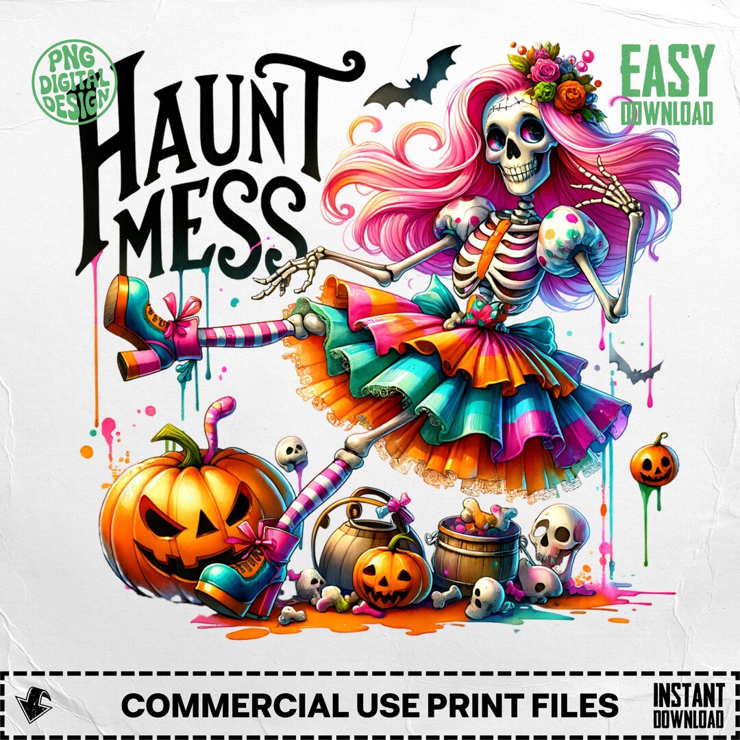 Halloween Clipart, Spooky Skeleton PNG, Haunt Mess Design, Fun ...