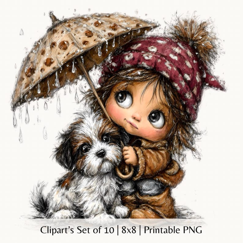 Rainy Girl Clipart, Umbrella Child Illustration, Watercolor Puppy ...