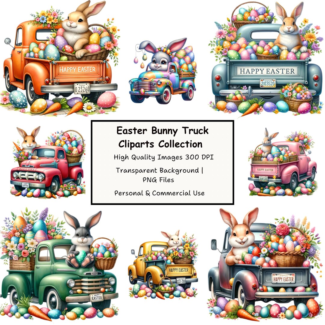 Easter Bunny Truck Digital Clipart, Vintage Pickup, Easter Eggs, Spring ...