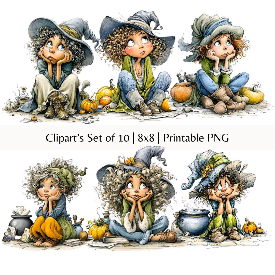 Whimsical Little Witch Clipart PNG | Cute Curly Hair Witch Graphics ...