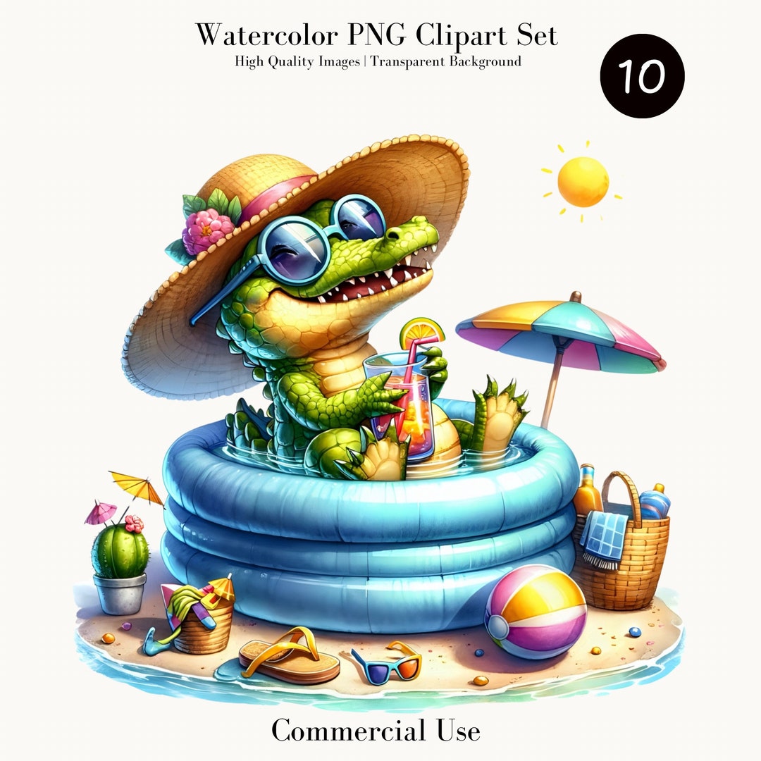 Summer Alligator Clipart Set, Cute Reptile Beach Party Graphics ...