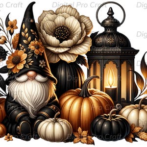 Black and Gold Gnome and Pumpkin Clipart Bundle, Fall Scrapbooking ...