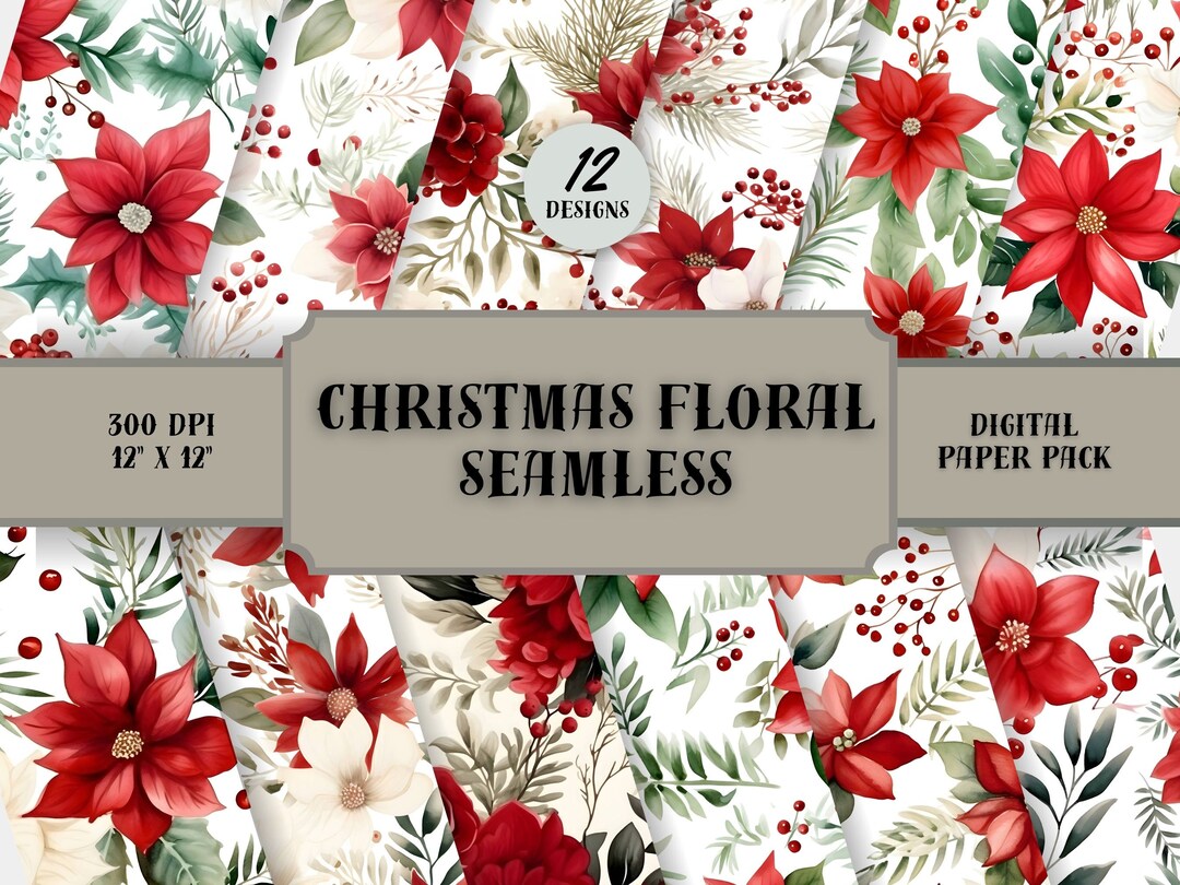 12 Christmas Floral Digital Papers Watercolor Flower Backgrounds 12 ...