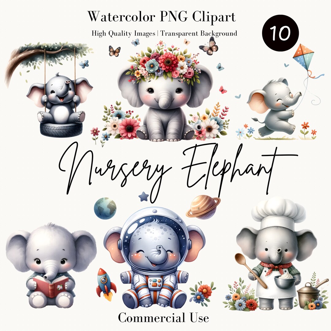 Cute Nursery Elephant Digital Clipart – Watercolor Animal,baby Shower ...