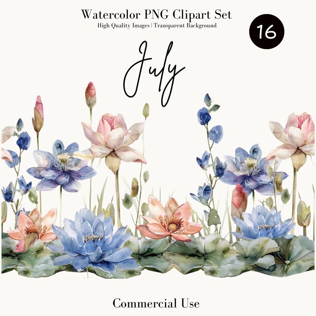 July Floral Larkspur and Water Lily Border Watercolor Clipart Set, High ...
