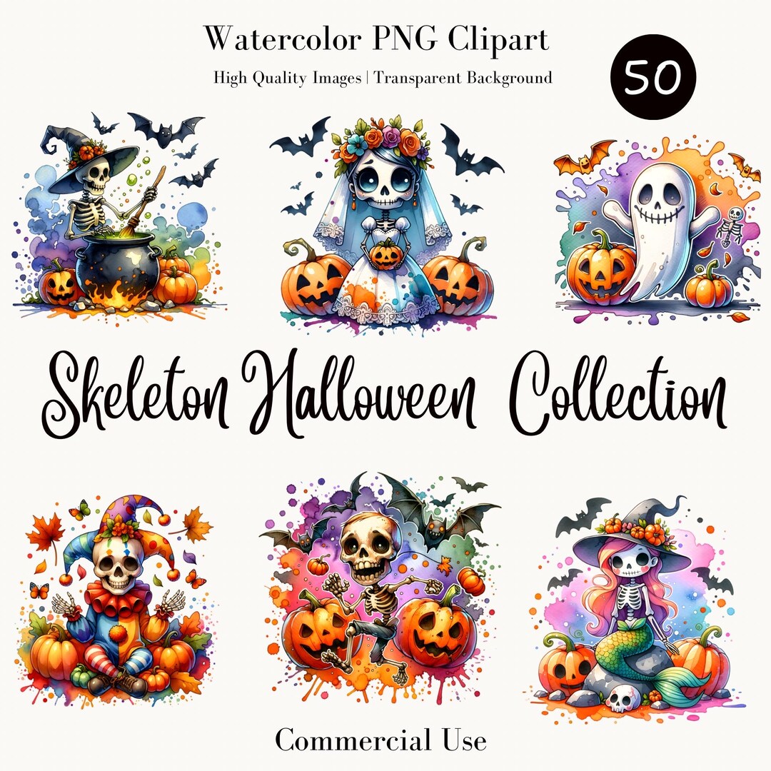 Watercolor Happy Skeleton Halloween Collection Clipart – 50 PNG ...